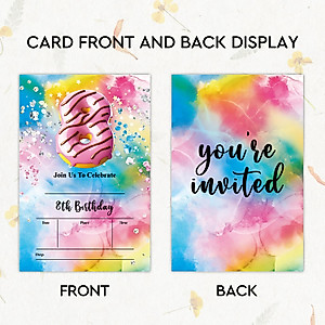 8th Tie Dye Candy Chocolate Birthday Party Invitations Cards with Envelopes, Rainbow Pink Stars Party Invitations, Birthday Celebration Supplies, Double-sided Fill-in bday Invites for Boys Girls- B04