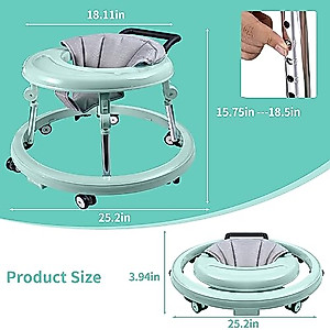 Baby Walker with Wheels, Activity Center with Mute Wheels Anti-Rollover, 5-Position Height Adjustable Foldable Baby Walker for Boys and Girls from 6-18 Months with Footrest