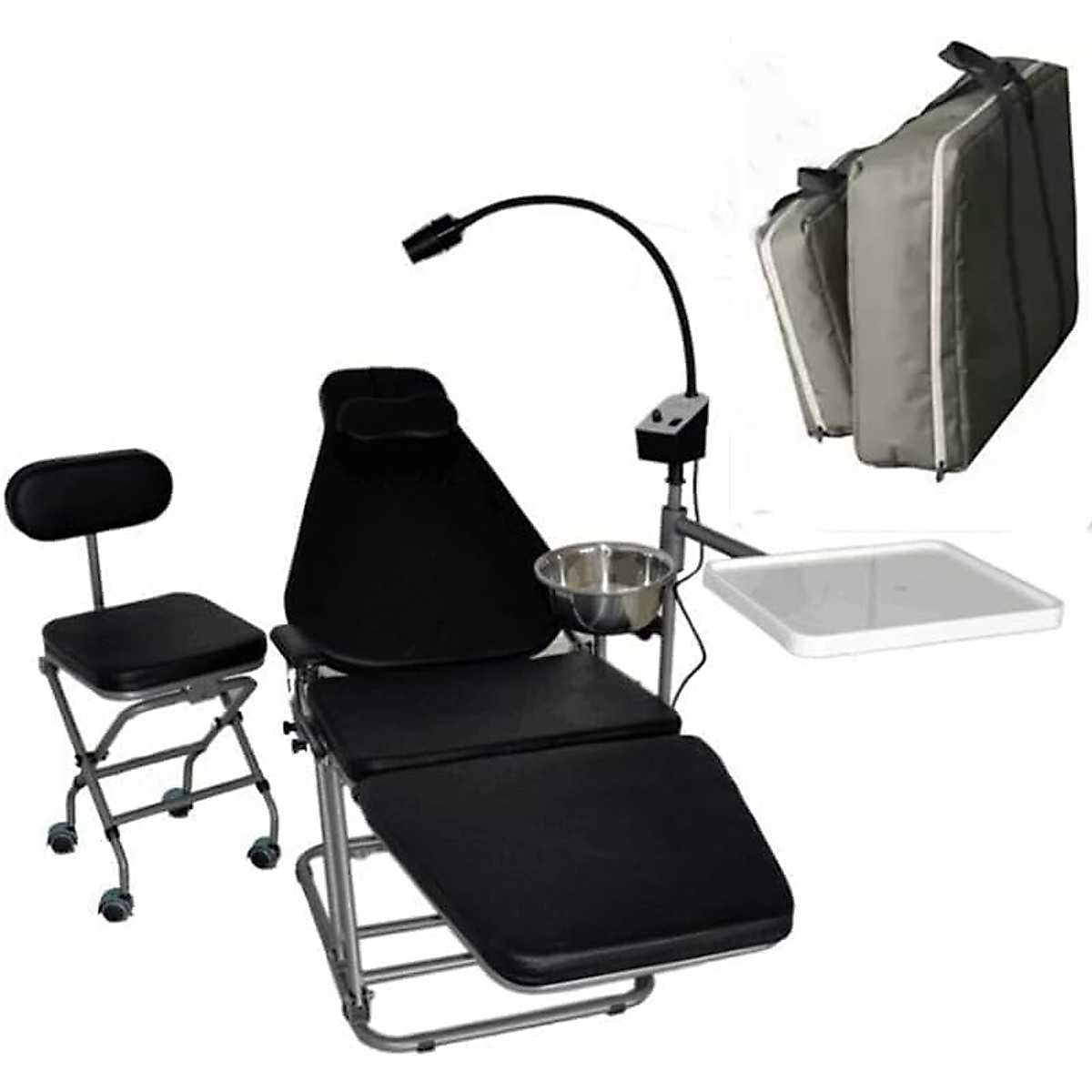 Castanai USA Dynamic PU Leather Height Adjustable Portable Black Chair with Doctor's Chair with LED Exam Light with Tray with Nylon Bag