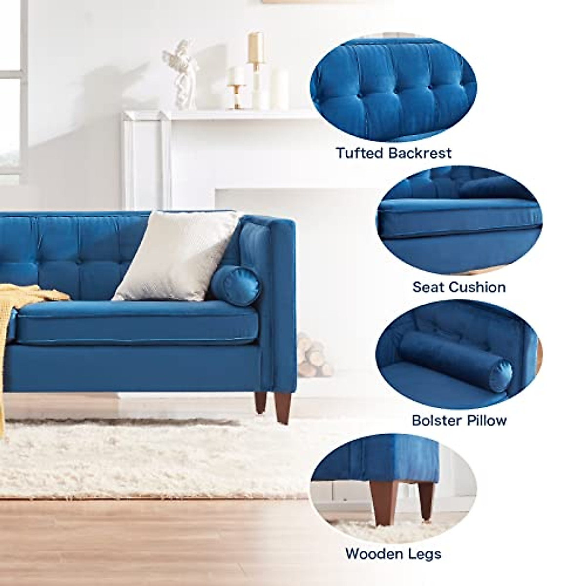 Dreamsir 58'' W Velvet Sofa, Mid-Century Love Seats Sofa Furniture with Bolster Pillows, Button Tufted Couch for Living Room, Tool-Free Assembly (Loveseat, Navy Blue)