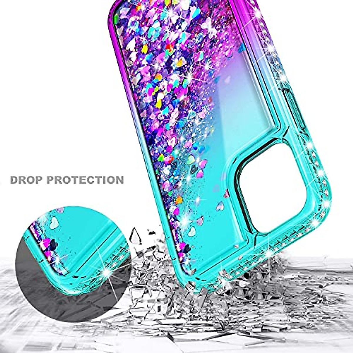 NGB Compatible with iPhone 12 Mini Case with Tempered Glass Screen Protector, Ring Holder/Wrist Strap, Girls Women Liquid Bling Sparkle Floating Glitter Cute Phone Case (Aqua/Purple)