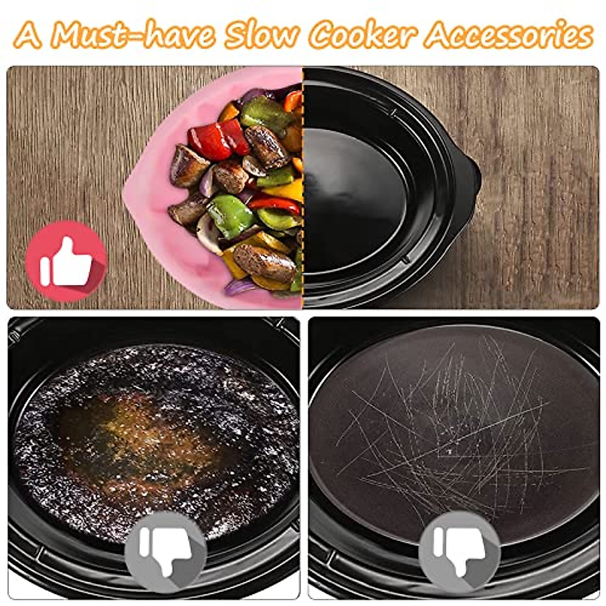 MEQUER Silicone Slow Cooker Liner Compatible with Slow Cooker Crockpot, BPA Free Insert Liners for Oval or Round Pot, Reusable & Leakproof Silicone Divider Fits 6 to 8 Quarts Slow Pot