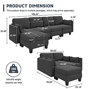 Huatean Home Modular Sectional Sofa, Convertible L Shaped Sofa Couch with High Density Memory Foam, 5 Seat Comfy Modular Sofa Couch for Living Room, Modern L Shaped Sectional Sofa, Dark Grey