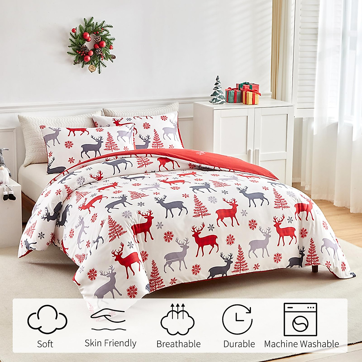 Rvciby Christmas Reindeer Duvet Cover Full Size,Soft and Breathable Microfiber Xmas Trees Pattern Printed Bedding Set,3 Pieces,1 Duvet Cover with Zipper Closure & Corner Ties and 2 Pillow Shams
