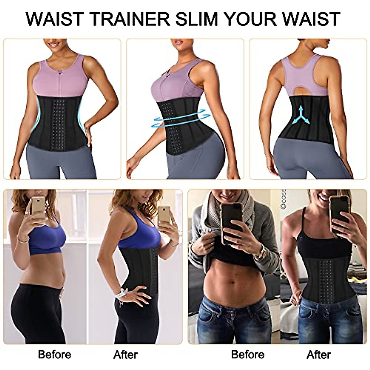 LANCS Women Waist Trainer Corset Trimmer Belt Weight Loss Neoprene Sauna Sweat Workout Girdle Slim Belly Band Black