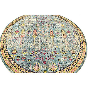 Unique Loom Monterey Collection Vintage Bohemian Inspired with Distressed Tribal Design Area Rug, Round 8' 0" x 8' 0", Blue/Yellow