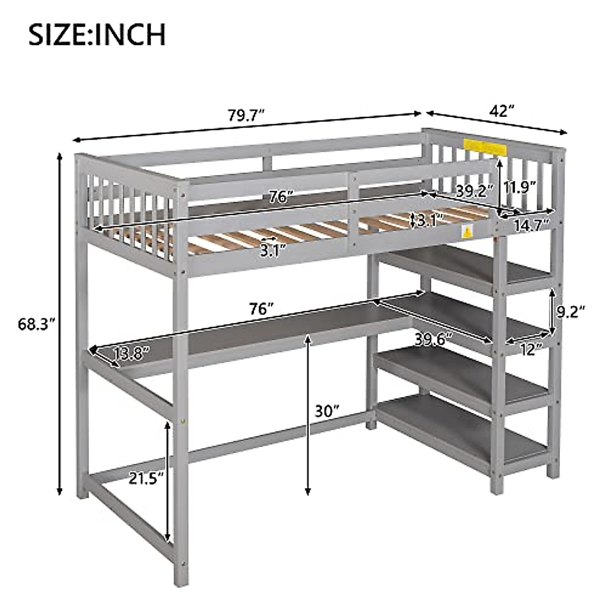 BIADNBZ Twin Size Loft Bed with Under-Bed Desk and Storage Shelves, Wooden LoftBed Frame for Kids Teens Bedroom, Gray