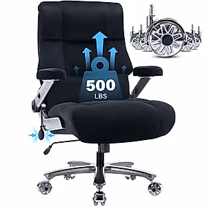 Big and Tall Office Chair 500lbs- Executive Desk Chair with Adjustable Lumbar Support 3D Flip UP Arms- Heavy Duty Quiet Wheels Metal Base Ergonomic Computer Chair, Black