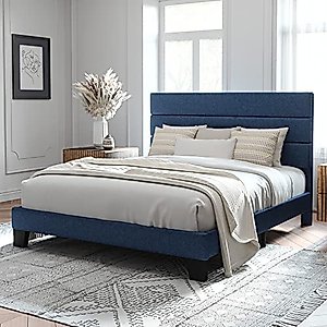 Allewie Queen Size Platform Bed Frame with Fabric Upholstered Headboard and Wooden Slats Support, Fully Upholstered Mattress Foundation/No Box Spring Needed/Easy Assembly, Navy Blue