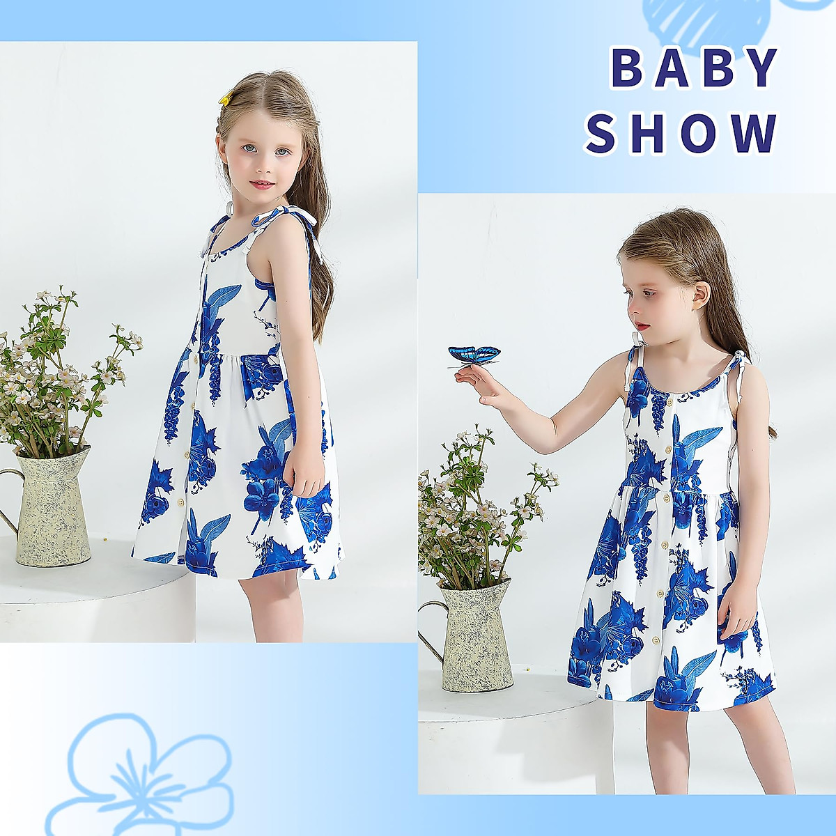 YOUNGER TREE 1-5T Toddler Kids Girls Summer Dress Sling Blue Floral Casual Dress Pattern Girls Party Dress Sleeveless (2-3T, Blue flora strap dress, 2_years)