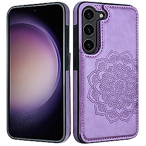 MMHUO for Samsung Galaxy S23 Case with Card Holder,Flower Magnetic Back Flip Case for Samsung Galaxy S23 Wallet Case for Women,Protective Case Phone Case for Samsung Galaxy S23 5G (2023),Purple