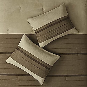 Madison Park Palmer Comforter Set-Luxury Faux Suede Design, Striped Accent, All Season Down Alternative Bedding, Matching Shams, Decorative Pillow, Bed Skirt, Queen (90 in x 90 in), Natural 7 Piece