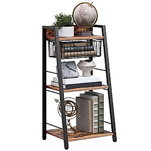 HOOBRO 3-Tier Ladder Shelf, Floor Standing Bookshelf, Storage Shelf with Drawer, Bookcase, Corner Bookshelf, Space Saver, for Bathroom, Living Room, Study, Office, Rustic Brown and Black BF09CJ01