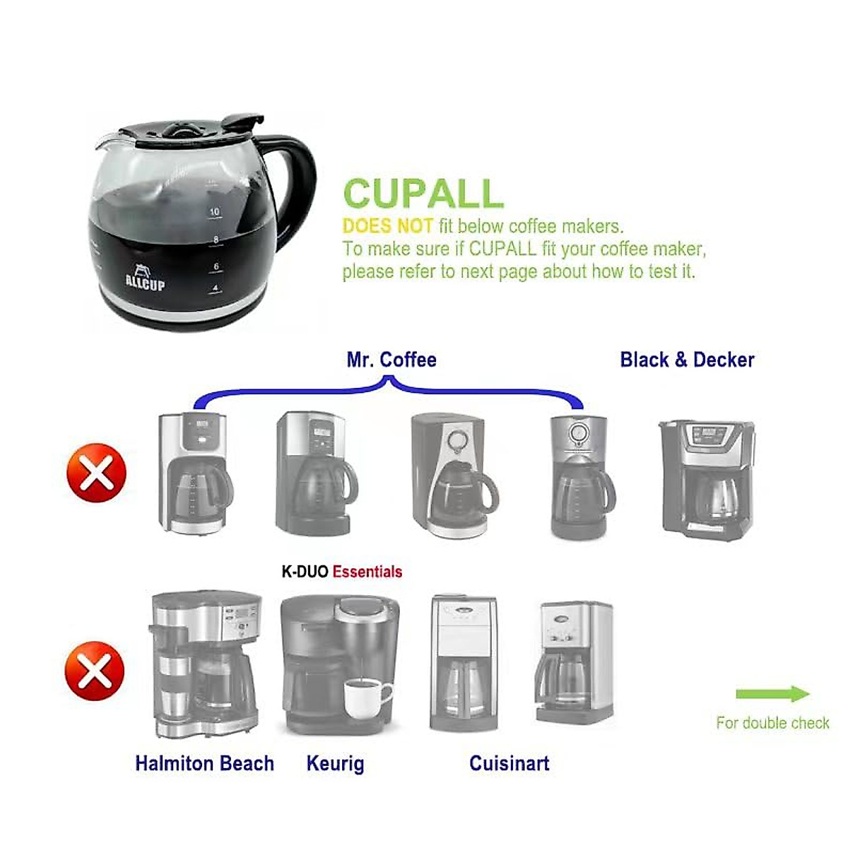 12-CUP Glass Replacement Coffee Carafe Compatible with Mr. Coffee, Black & Decker, Cuisinart and More, Black Close Handle