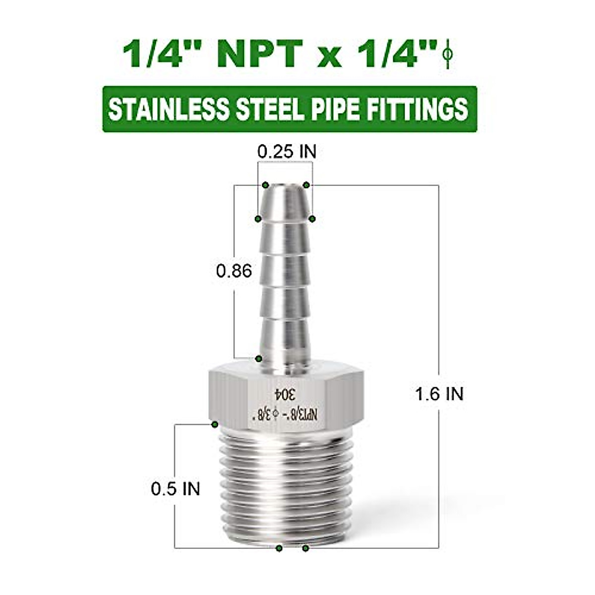 TAISHER 5PCS Forging of 304 Stainless Steel of Air Hose Fittings, Hose Barb Fittings 1/4" Barb x 1/4" MNPT Pipe Adapter with 5PCS Hose Clamp