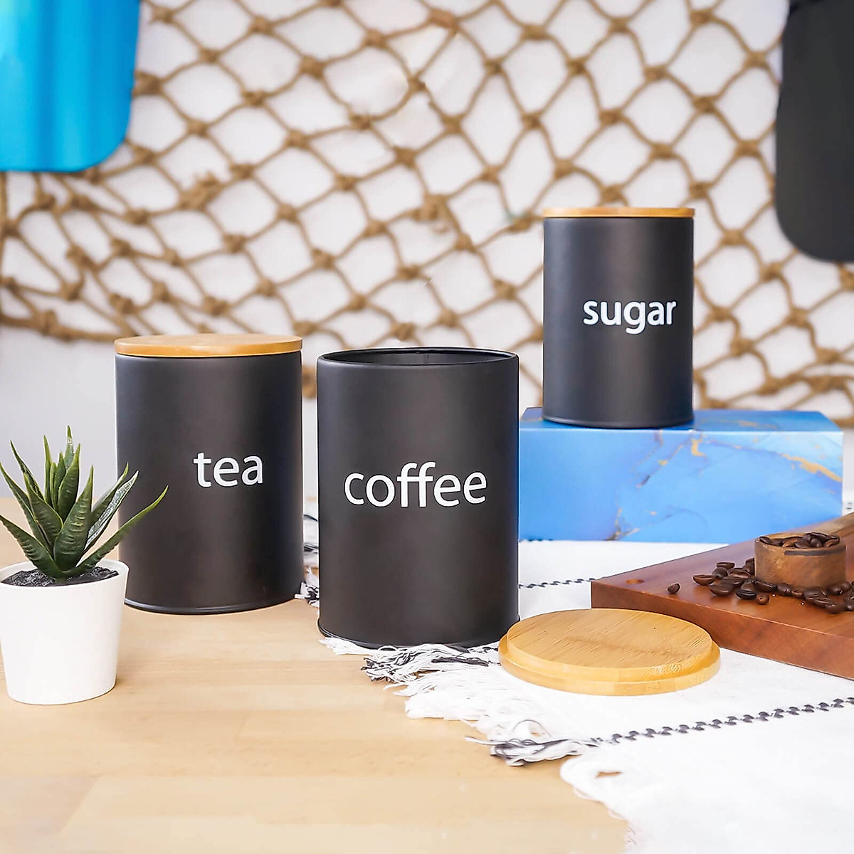 SOTECH Metal Food Storage Jar Farmhouse Coffee Canisters with Bamboo Lids,Black Kitchen Canisters Set of 3 Decorative Canisters for Kitchen Counter,Home Decor,Sugar Coffee and Tea Container Set