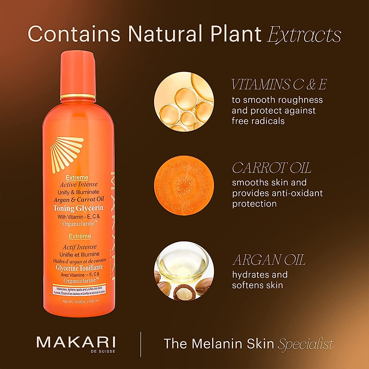 MAKARI Extreme Active Intense Argan and Carrot Oil Tone-Boosting Body Glycerin (16.8 oz) | Fades Spots & Marks | Helps Brighten Complexion | Hydrates and Softens | for All Skin Types Except Sensitive