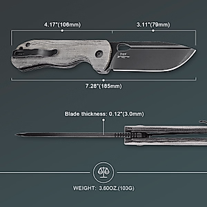 Kizer Bugai Pocket Knife 3.11 Inches Black Stonewash 3V Steel Blade Folding Knife Black Micarta Handle EDC Knife for Men Women Outdoor Camping Hunting Hiking Carving V3627A1