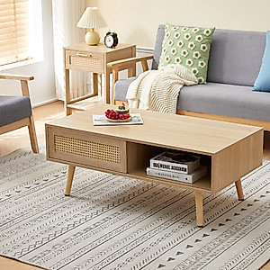 Tansole Natural Oak Modern Coffee Table, Rectangular with Storage, Rattan Woven Design, Living Room Center Table, 41.34x21.65x16.34 inches, 36.3 pounds