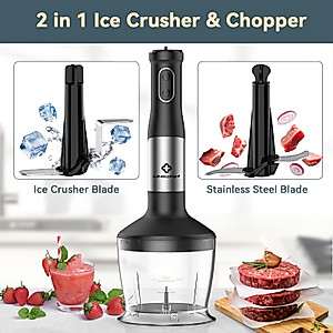 LINKChef 7 in 1 Immersion Blender Scratch Resistant, 2 Titanium Steel Blades 800W Hand Blender, 20 Speed and Turbo Mode Stick Blender Immersion with Whisk, Milk Frother, Food Processor, Beaker