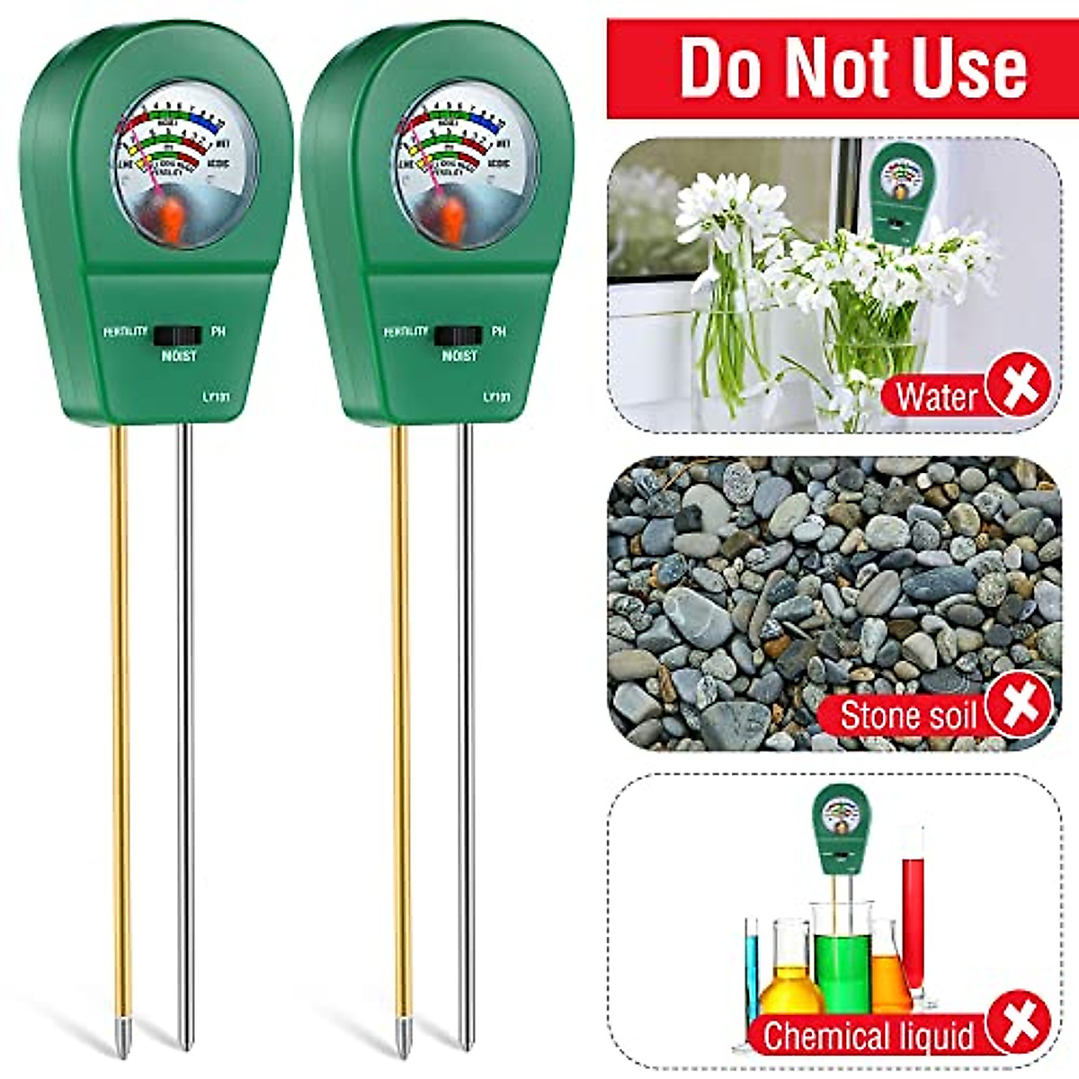 Soil Tester 3 in 1 Moisture/Fertility/pH Tester Garden Planting Kit, Soil pH Sensor Meter for Plant Care, Water Hydrometer Humidity Tester for Indoor Outdoor Lawn Patio Farm Use, No Battery Required