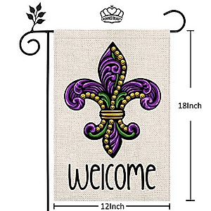 CROWNED BEAUTY Mardi Gras Fleur de Lis Welcome Garden Flag 12×18 Inch Small Beads New Orleans Vertical Double Sided Flag for Outside Yard Carnival Celebration Farmhouse Décor CF033-12