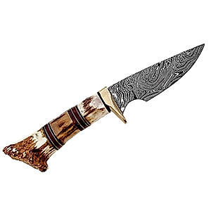 Damascus Steel Hunting Knife - Fixed Blade Knives with Sheath - Firm Grip Handle Made of Stag Horn(ST2)