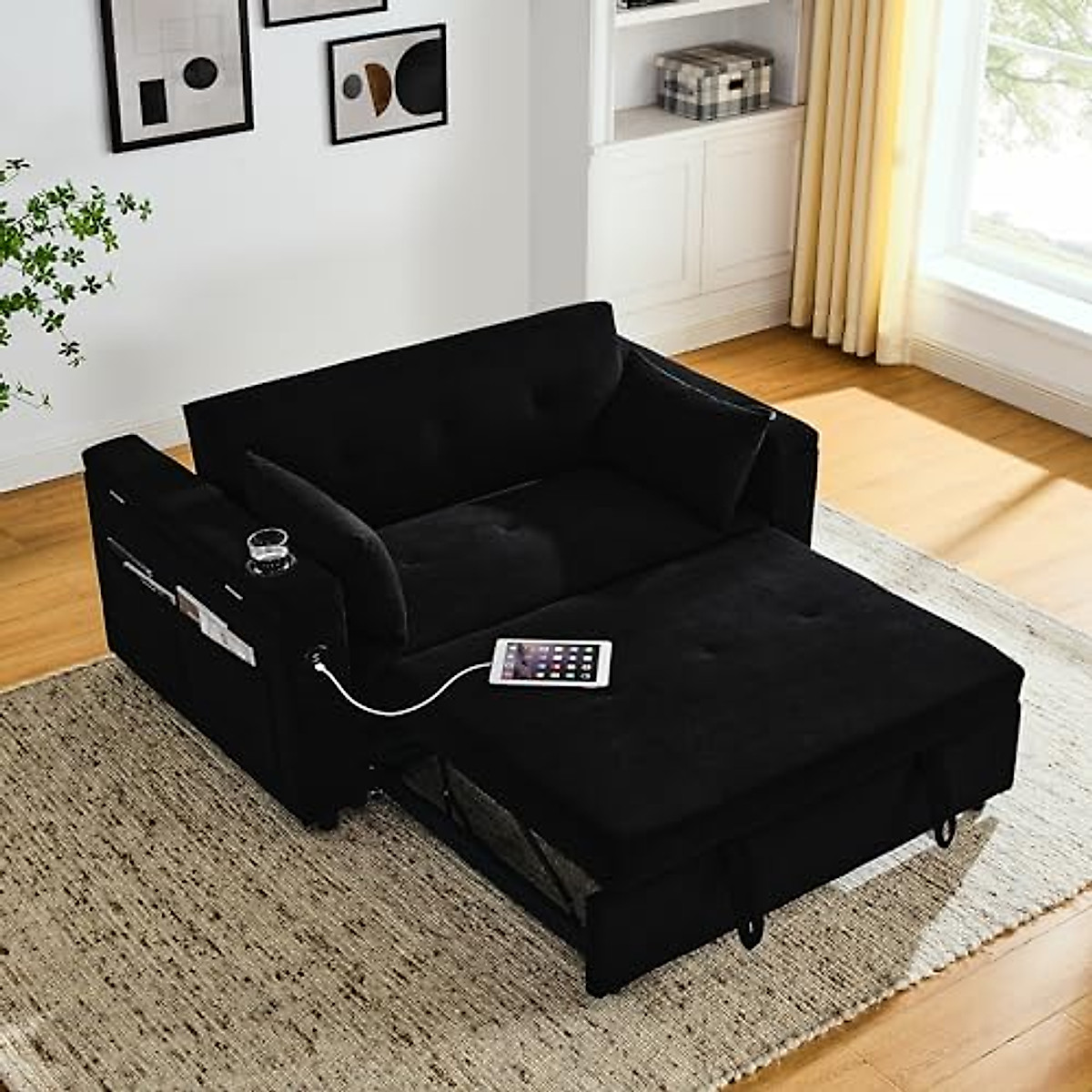 3 in 1 Convertible Sleeper Sofa Chair Bed, 54" Modern Chenille Futon Loveseat Pull Out Couch Bed with Cupholders and Hidden Storage Box , 2 Seater Love Seat Chaise Lounge Daybed for Living Room Office