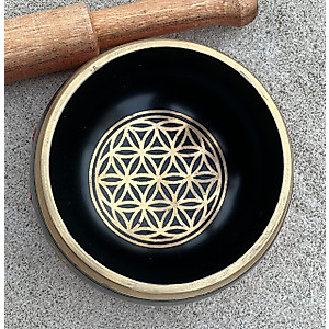 Tibetan Flower Of Life Singing Bowl Mallet Cushion Set ~ For Meditation, Yoga, Spiritual Healing and Mindfulness ~ Medium (Black)