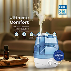 Cool Mist Humidifiers for Bedroom – 3.5L Large Room Humidifier – Personal Humidifier with 360-Degree Rotating Nozzle and Auto Shut-Off – Quiet Baby Humidifiers for Nursery, Bedroom
