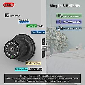 iulock Smart Door Knob with Keypad and Key,Keyless Entry Door Lock with Rubber Grip, Auto Lock,50 User Code,Waterproof, Easy to Install and Program for Bedroom Garage Office Gate (Matte Black)