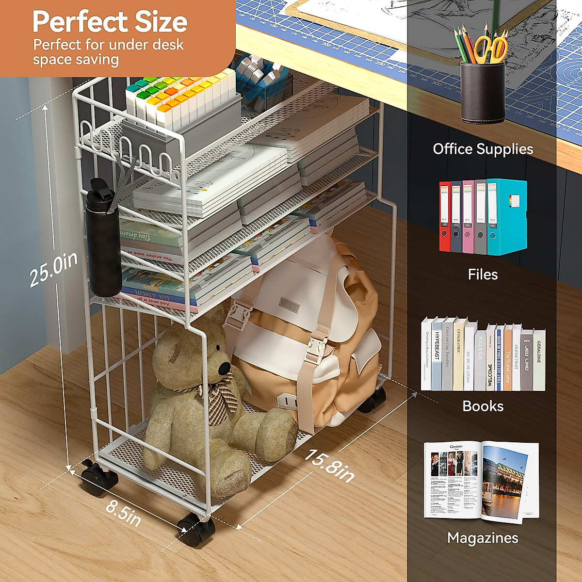 FIROK Rolling Bookcase with Wheels,Heavy Duty Mobile Bookshelf Storage Cart for Students, Metal Frame Book Shelf Organizer for Home,Office,Living Room - White
