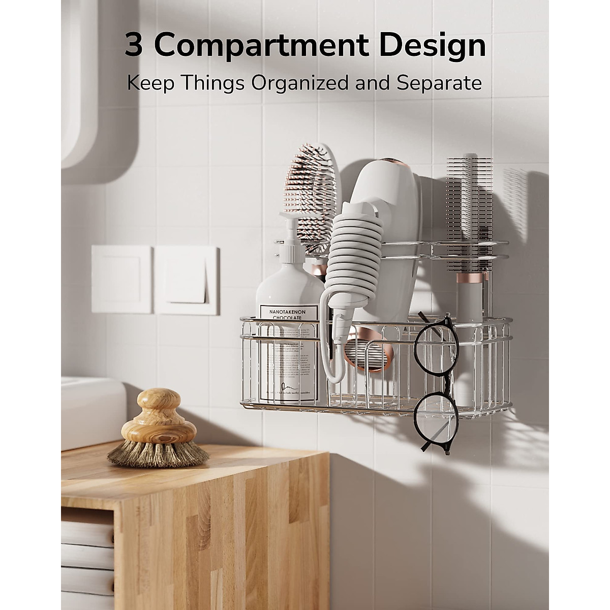 ULG Hair Tool Organizer, Over Cabinet&Wall Mount Hair Care & Styling Tool Organizer,with 5 Adjustable Height and 3 Compartment for Hair Dryer,Flat Irons,Curling Wands for Bathroom, Chrome