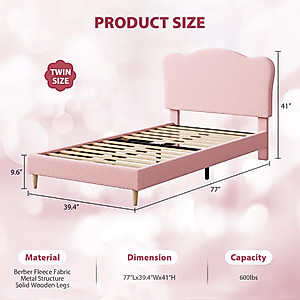 GarveeHome Upholstered Twin Size Bed Frame for Kids with Scallop Headboard, Cute Velvet Twin Bed for Girls, Boys, Sturdy Platform Bed, No Box Spring Needed, Wooden Slats, Noise Free, Pink