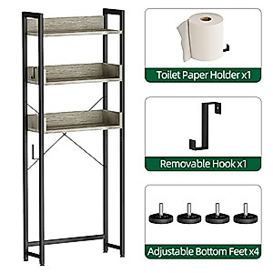 OTK Over The Toilet Storage, 3 Tier Bathroom Organizer Shelf, Freestanding Space Saver with Toilet Paper Holder, Multifunctional Over The Toilet Rack, Grey