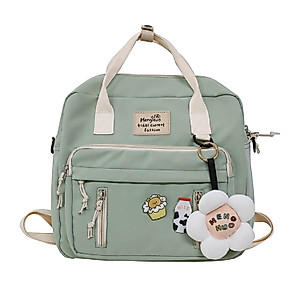 Kawaii Backpack with Bear Pendant, Aesthetic Canvas Students Schoolbag Shoulder Tote Bag Casual Daypack Back to School (Green) Large