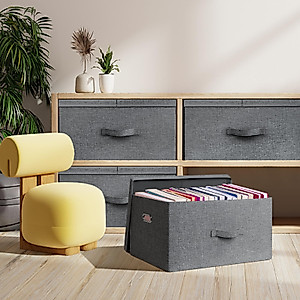 Bellzacasa Extra Large Collapsible Storage Bins with Lids, 3 Pack Linen Fabric Foldable Storage Bin Cube with 4 Handles, Storage Baskets Box for Home, Office, Closet, Gray, 22.8x15.7x11.8”
