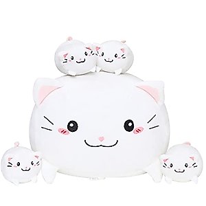 SQEQE Cute Cat Plush Toy with 4 Baby Plush Kitties in her Tummy, Stuffed Cotton Plush Animal Toy Gift for Kids