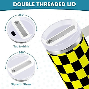 Caikeny Insulated Tumblers with Lid and Straw Checkerboard Yellow 40 oz Reusable Stainless Steel Cup Black Water Bottle Coffee Travel Tumbler Mug for Women Men