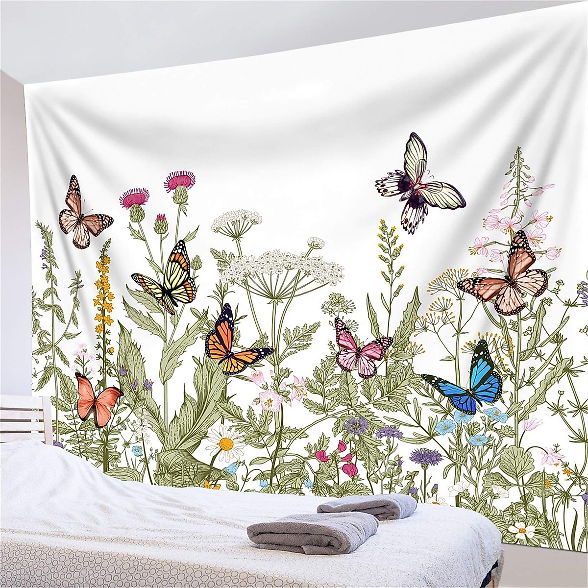 HVEST Leaf Butterfly Tapestry Wall Hanging, Sage Green Leaves and Flowers with Butterflies Wall Hanging Tapestry Spring Plant Tapestry for Bedroom Living Room Wall Decor, 60x40 Inches