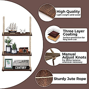 Yazoo Hanging Shelf - 3-Tier Boho Wall Shelf for Plants Indoor - Wooden Decor Rope Shelf - Window Plant Hanger Home Farmhouse Bathroom Rustic Bedroom Decor