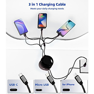 GLOGO 3 in 1 Retractable Charging Cable [3A,3FT] Multi USB Cable Fast Charger Cord for Phone, Samsung, iPad, Tablets, Switch and More (Black)