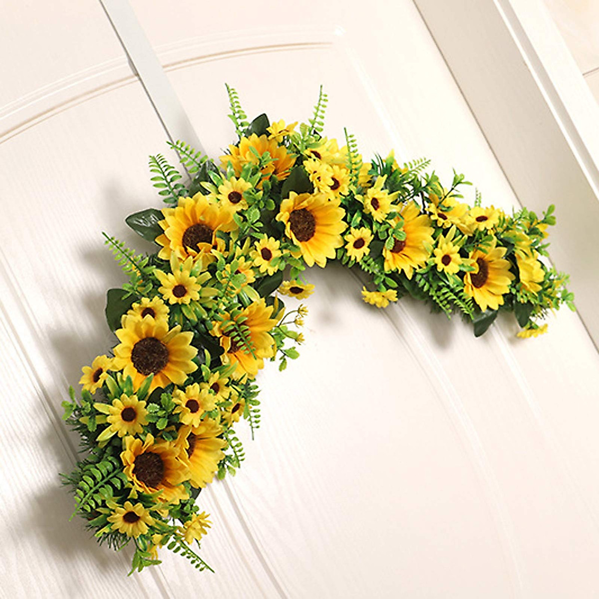 MGQ Artificial Sunflower Swag,27.6 Inch Rustic Artificial Floral Swag Decorative Swag with Sunflowers Green Leaves,Wedding Arch Flowers,Handmade Garland,Front Door Hanging Wreath for Home Garden Decor