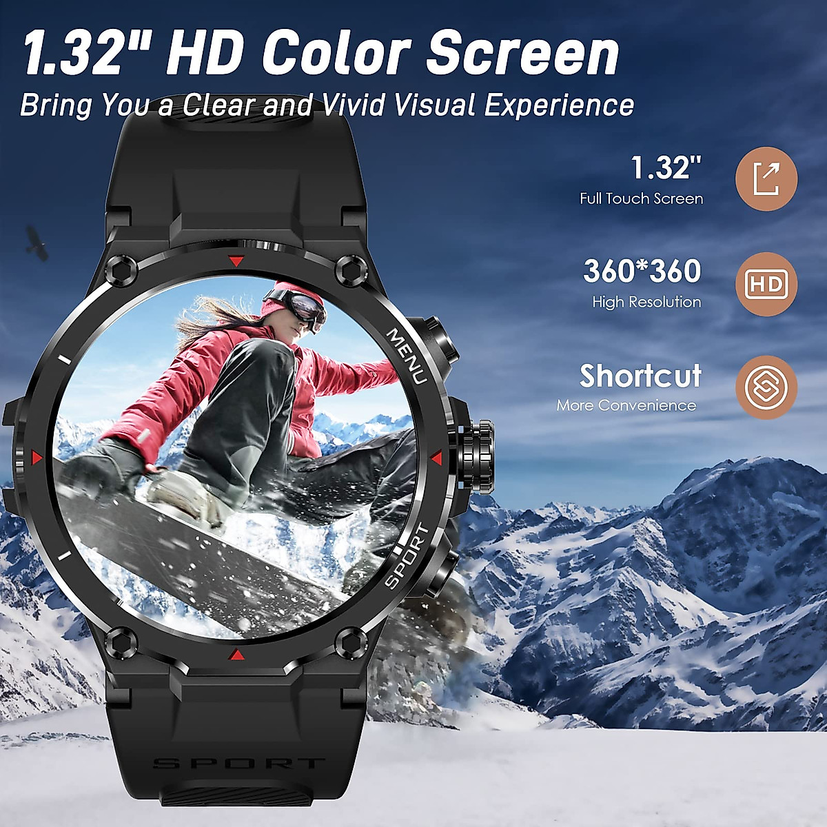 Military Smart Watch for Men Outdoor Rugged Tactical Smartwatch Bluetooth Answer Make Calls 1.32'' HD Fitness Tracker Watch Heart Rate Monitor Sleep Tracker Pedometer for iPhone Android Phones