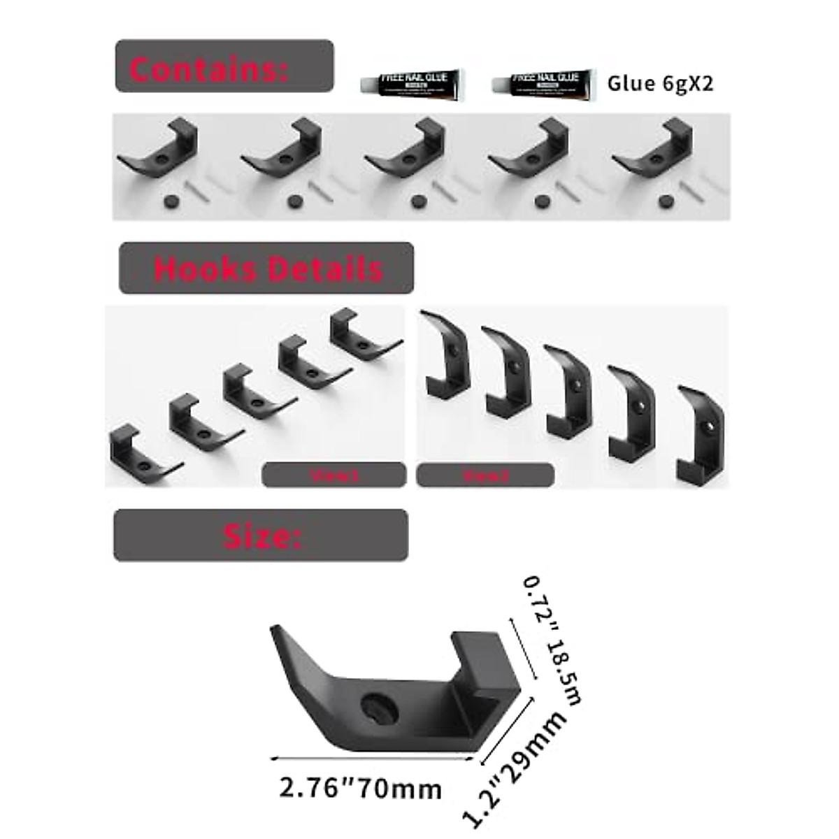 Leacas Bag Hooks, Hat Hooks, Towel Hooks for Bathroom Wall Mounted Towel Hooks Heavy Duty Black Waterproof Wall Hooks Sticky for Hanging Shower Bath Robe Coat Clothes in Bathroom Kitchen (5 pics)