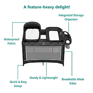 Dream On Me Lilly Deluxe-Playard in Black & White with Full Bassinet, Changing Tray and Infant Bassinet | with Canopy | Waterproof Fabric | JPMA Certified | Lightweight