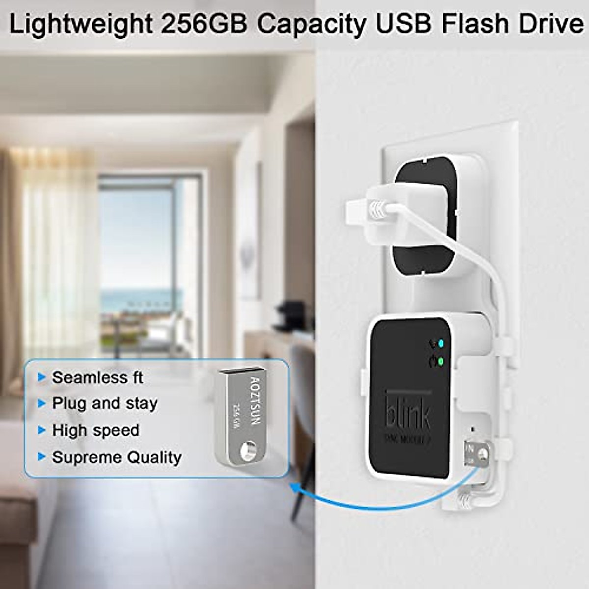 256GB USB Flash Drive and Outlet Wall Mount for Blink Sync Module 2, Save Space and Easy Move Mount Bracket Holder for Blink Outdoor Indoor Security Camera (Blink Sync Module 2 is NOT Included)