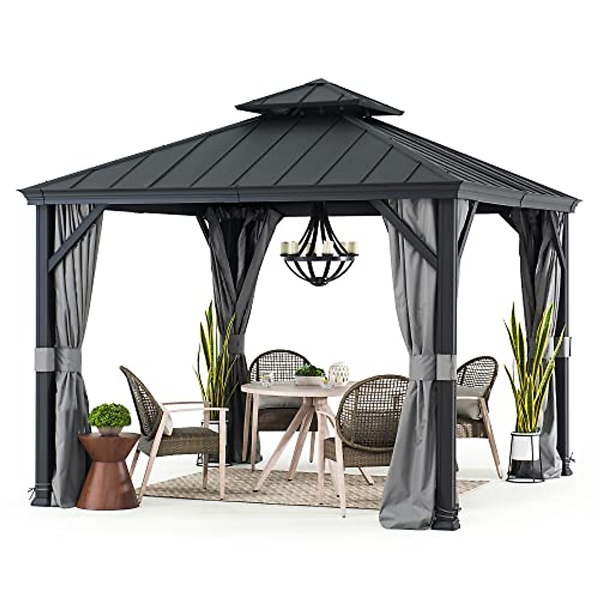 Sunjoy 10 ft. x 10 ft. Hardtop Gazebo, Outdoor Aluminum Frame, 2-Tier Steel Hardtop Backyard Gazebo with Netting, Curtain and Ceiling Hook by SummerCove