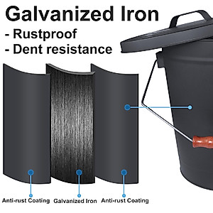 Ash Bucket with Lid and Shovel Hand Broom, 5.15 Gallon Large Galvanized Iron Metal Fireplace Tools Ash Pail for Fire Places Fire Pits Wood Burning Stoves Hearth Accessories Indoor Outdoor, Black