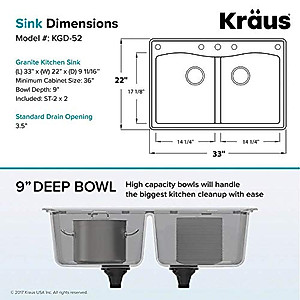 Kraus Forteza 33" Drop-In/Undermount Granite 50/50 Double Bowl Kitchen Sink - Grey (KGD-52GREY) , Gray